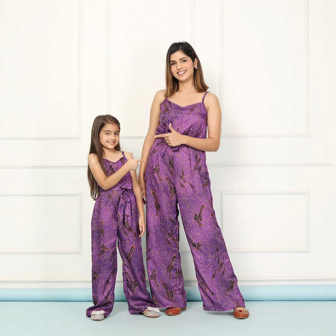 Stylish Matching Purple Spaghetti Jumpsuits for Mom and Daughter - Per