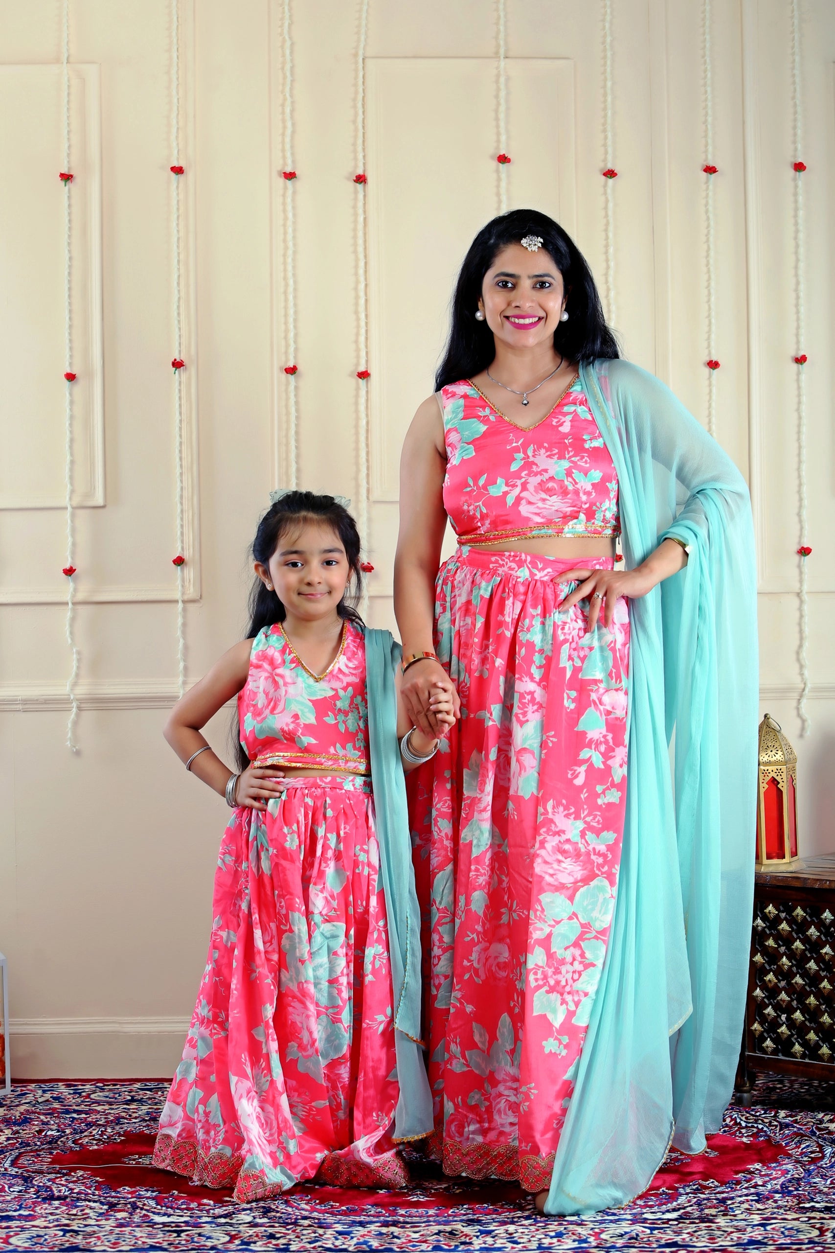 Pink and Blue Floral Lehenga Choli with Dupatta Mom and Daughter Twin