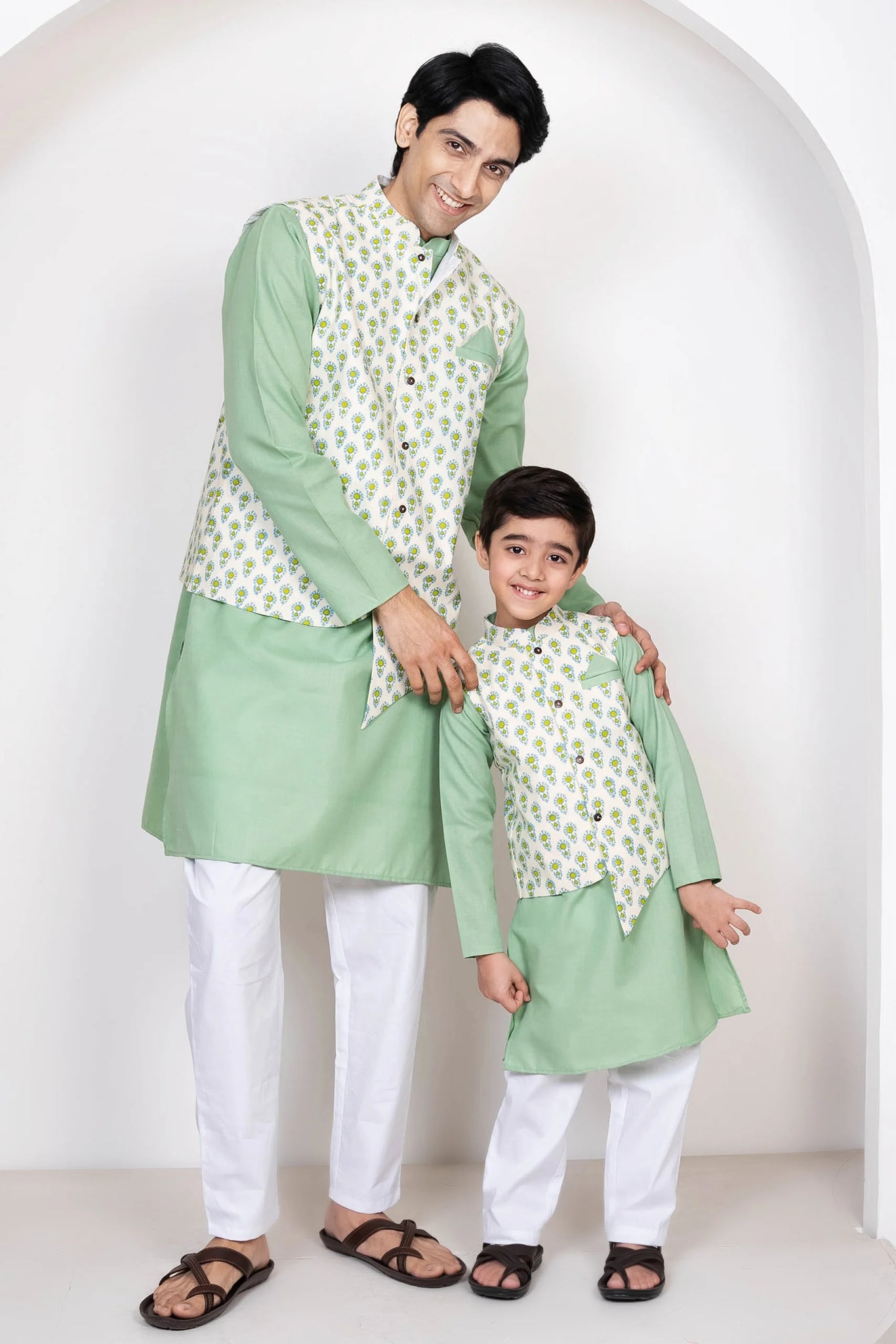 Sea Green Floral Printed Cotton Father and Son Twin Set