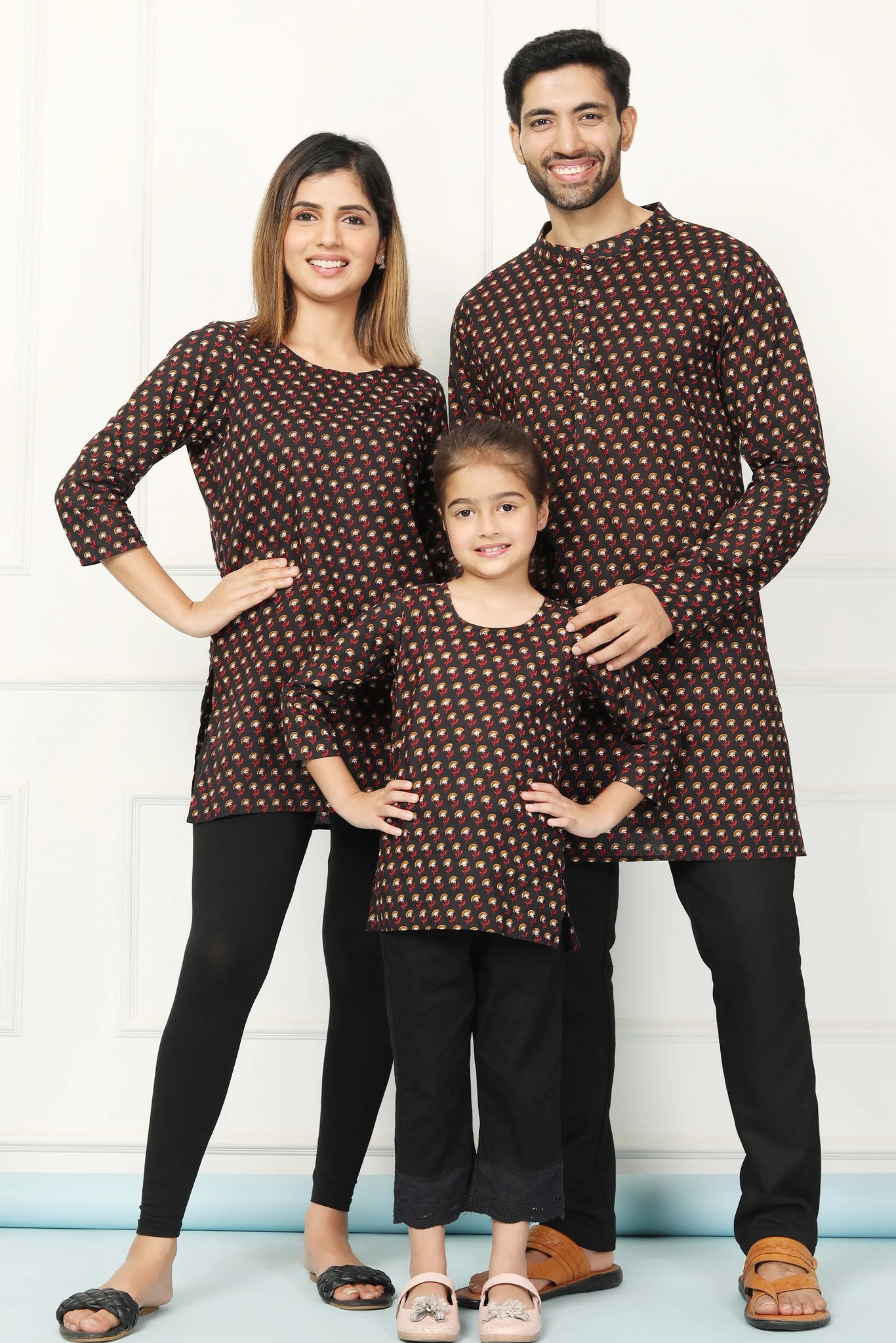 Black Printed Short Kurti & Matching Kurta Family Set - Trendy Fashion