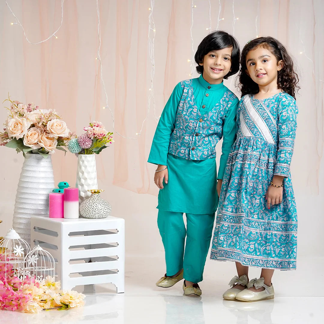 Teal Block Printed Matching Set for brother and sister