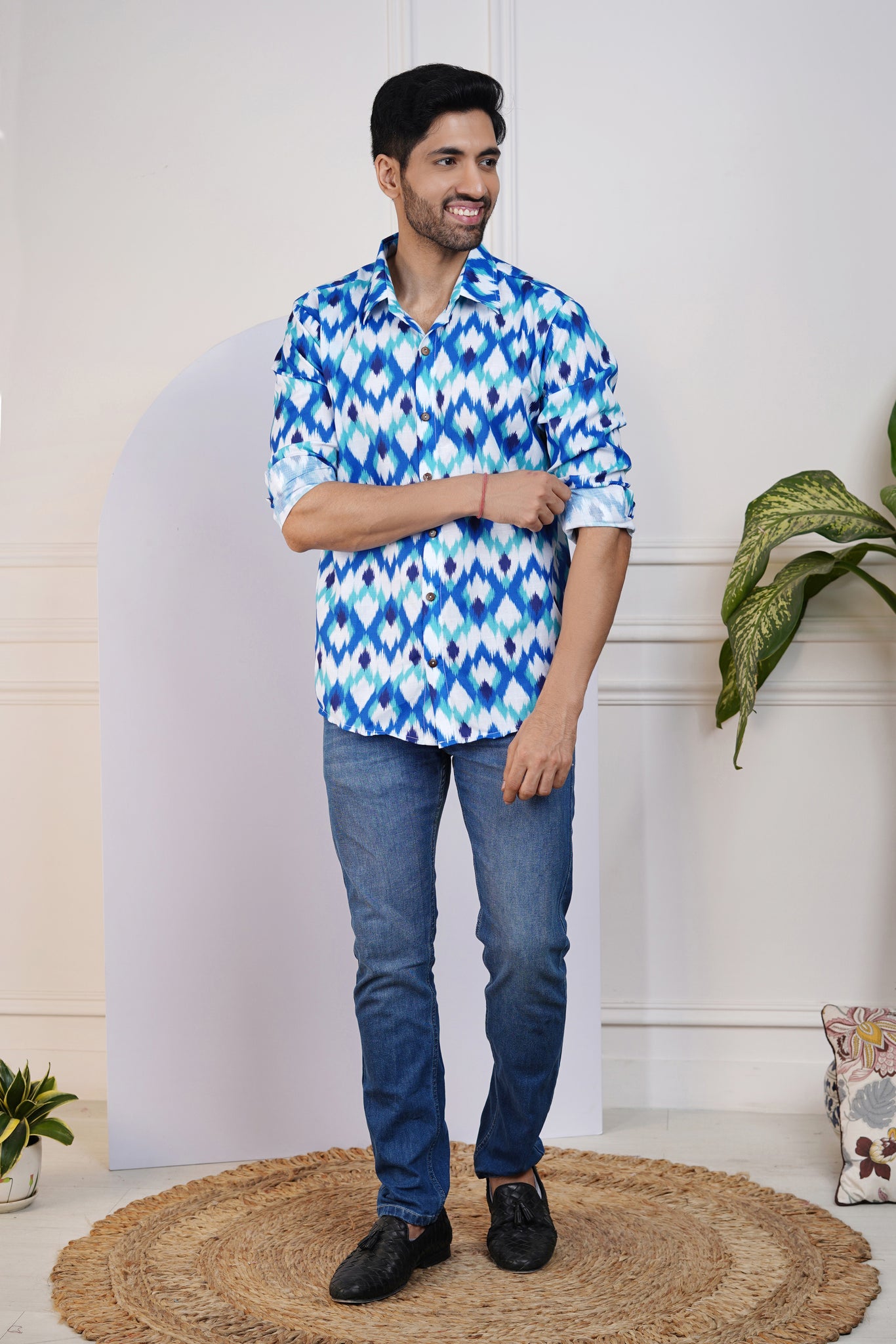 Navy Blue Ikkat Printed Shirt For Men