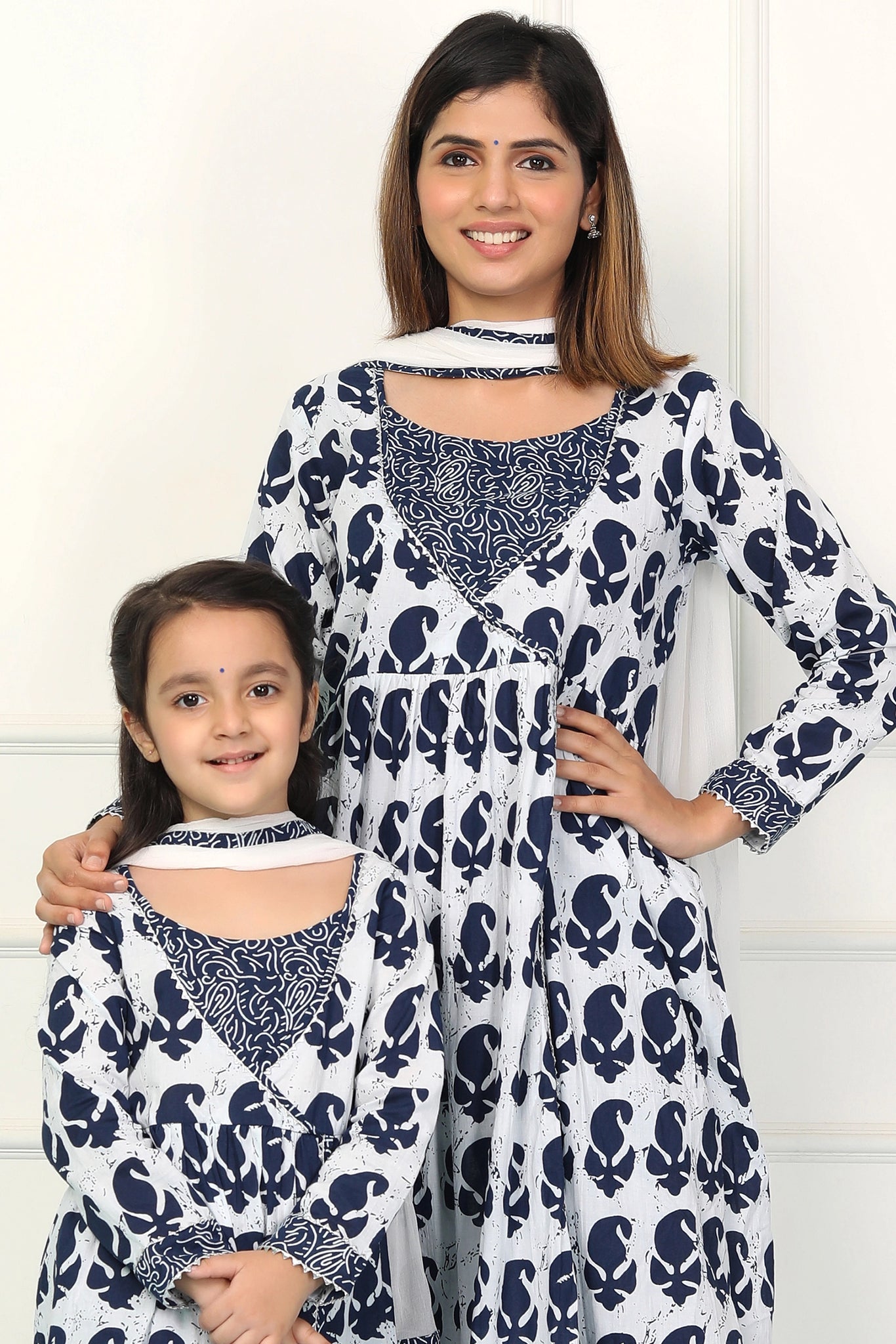 Stylish Indigo White and Navy Printed Matching Set for Mother and Daug