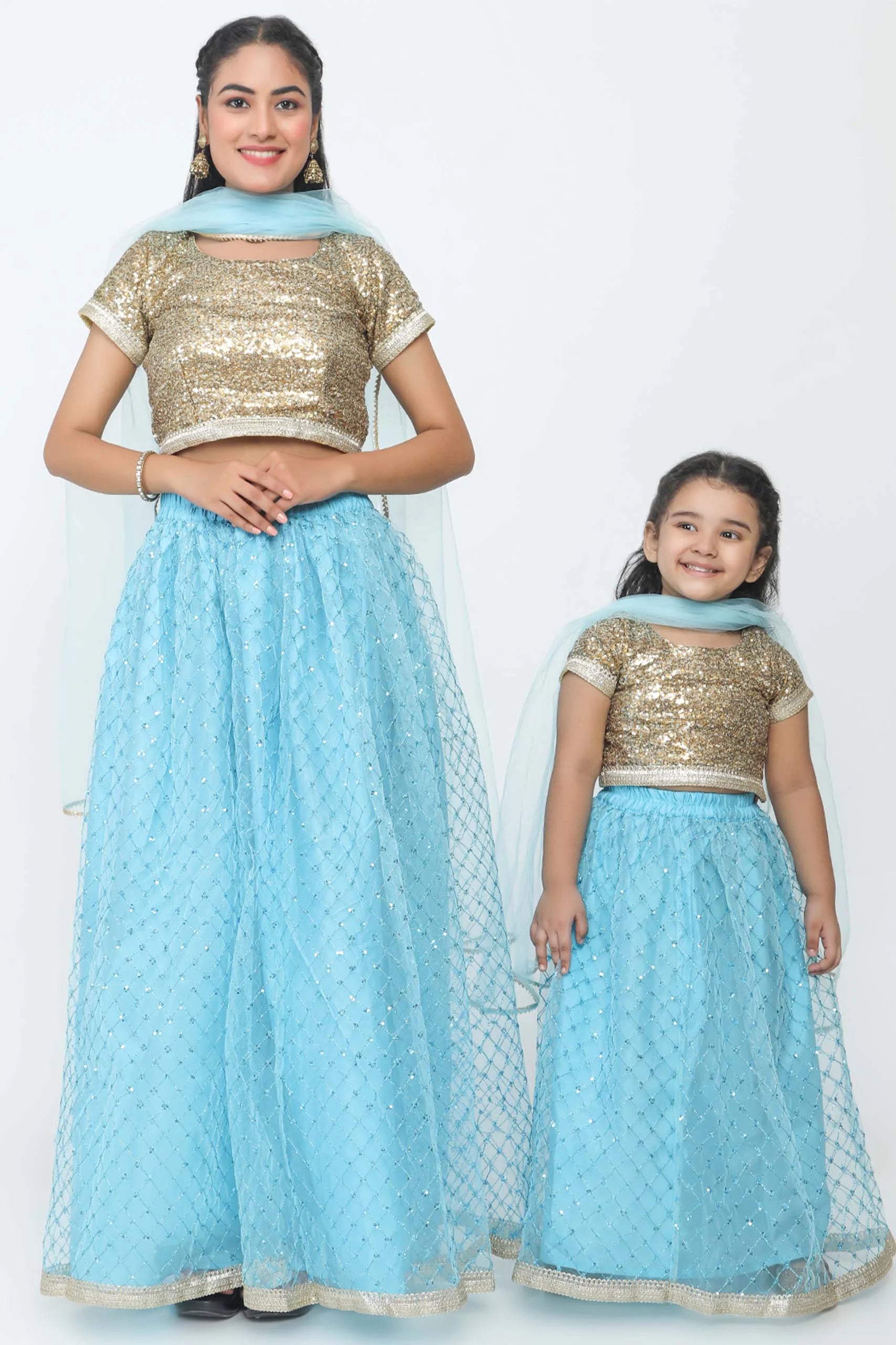 Sparkling Sequins Top and Blue Net Lehenga Mom and Daughter Matching S