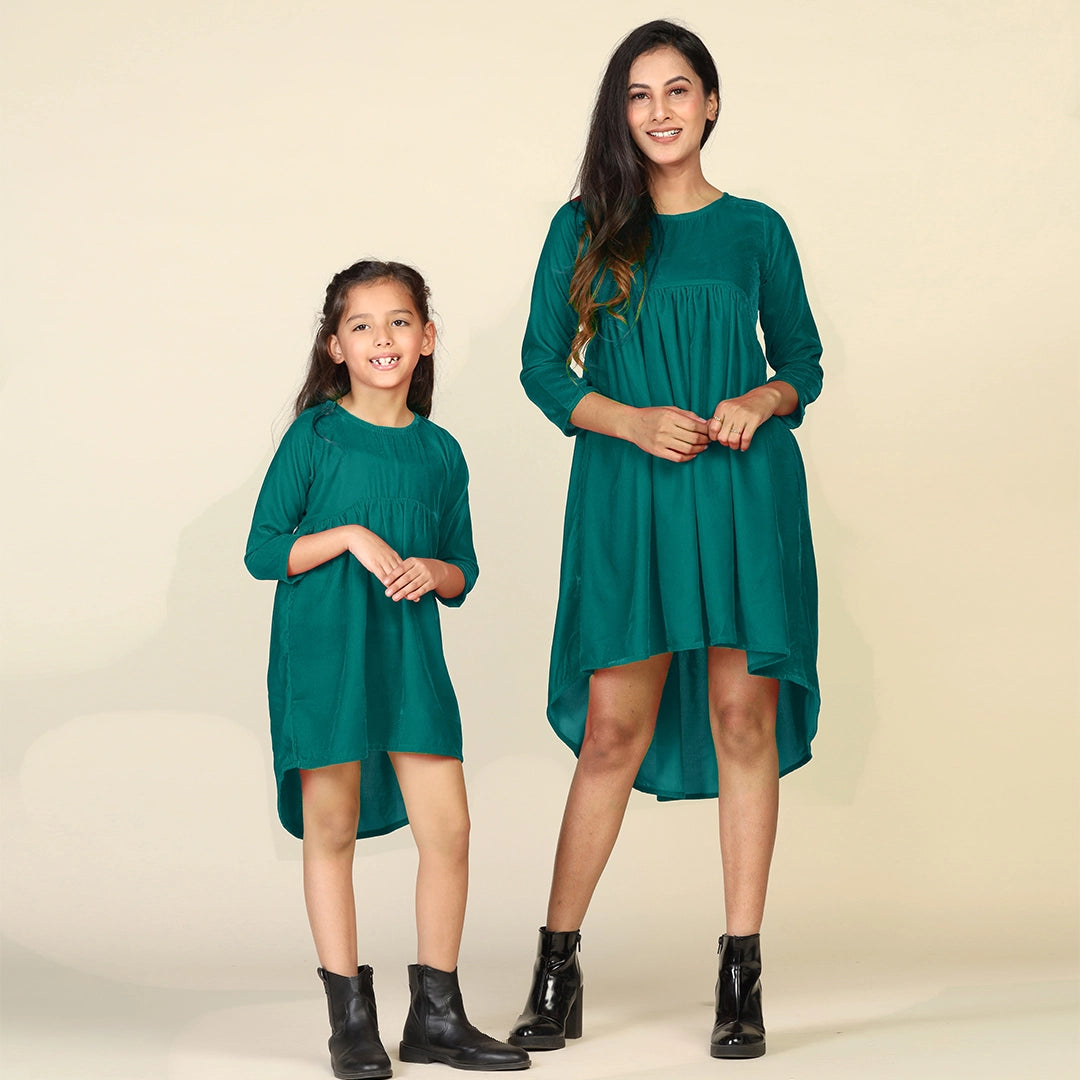 Trendy Green High-Low Dresses for Mom and Daughter - Matching Set