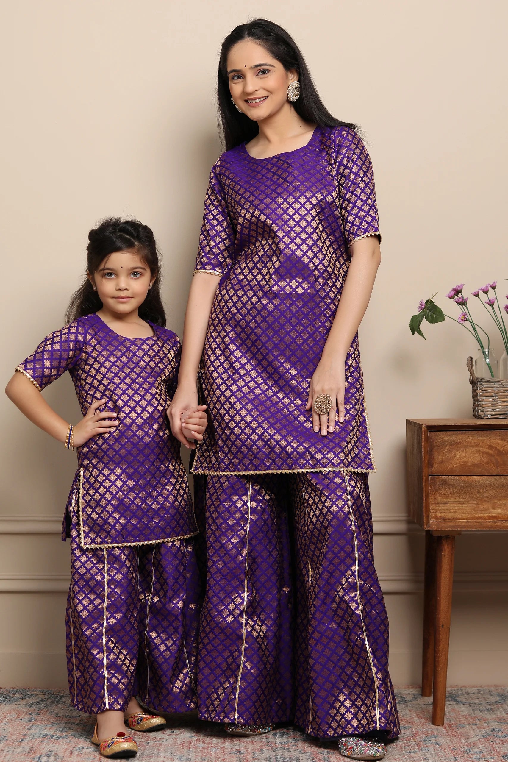 ELEGANT PURPLE BROCADE SUIT MOM AND DAUGHTER TWIN SET