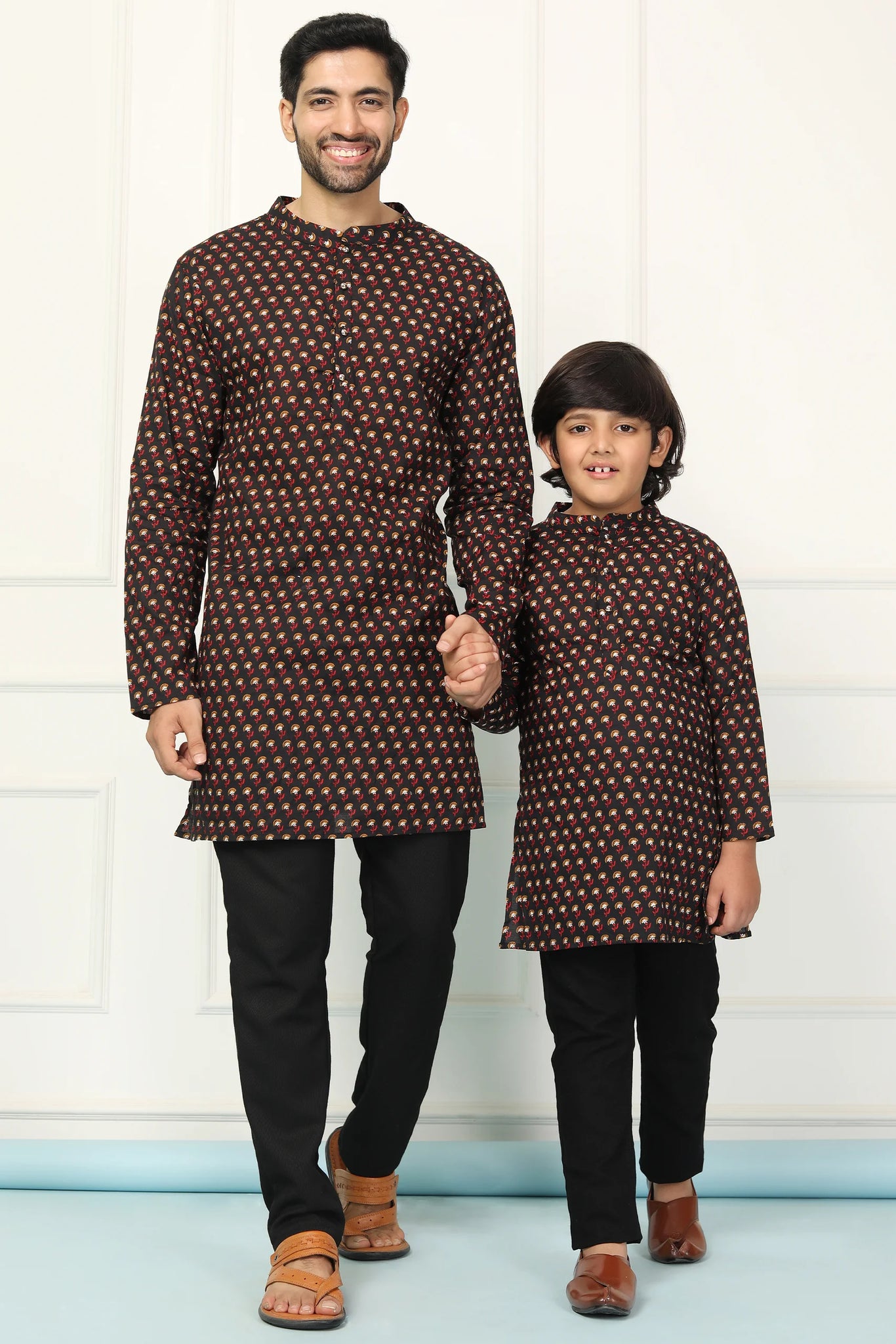 Black Printed Short Matching Kurta Father & Son Twin Set