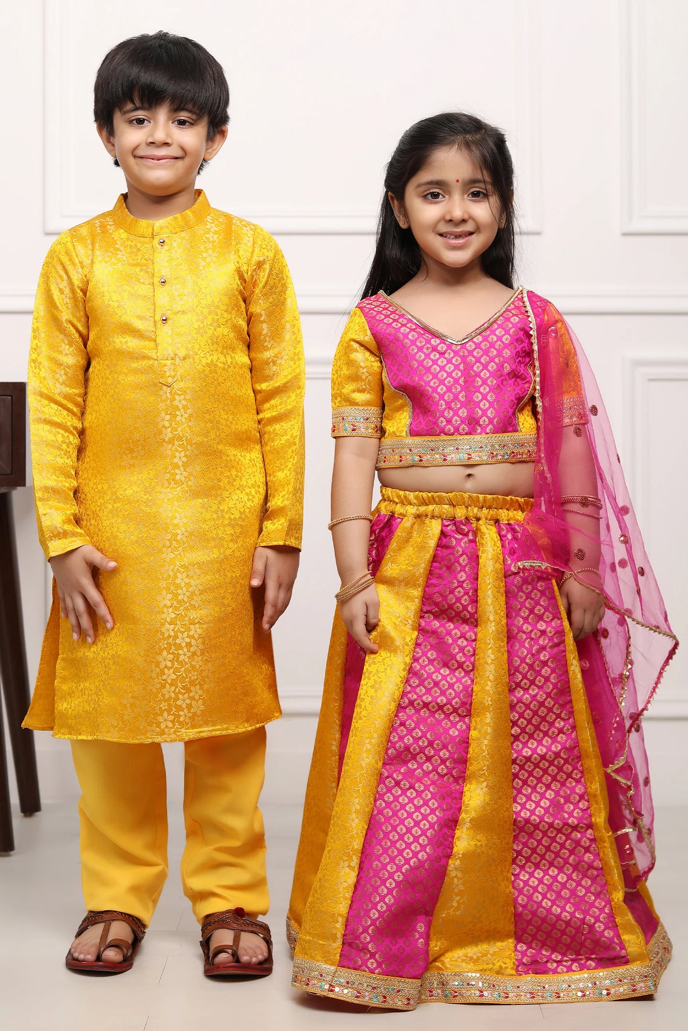 Vibrant Fuschia and Amber Brocade Lehenga Choli Set & Kurta Pyjama Fam