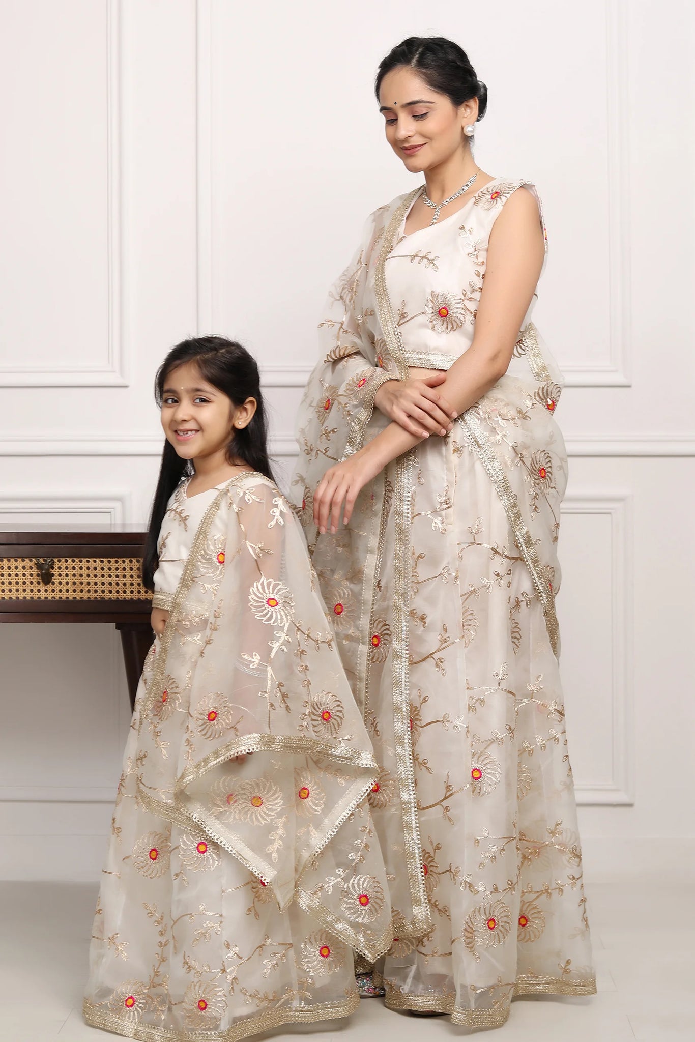 Ivory Gota Patti Lehenga Choli Set for Mom and Daughter