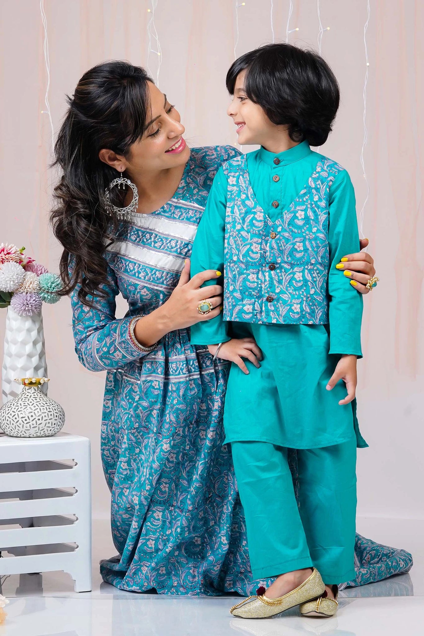 Teal Block Printed Matching Set for brother and sister