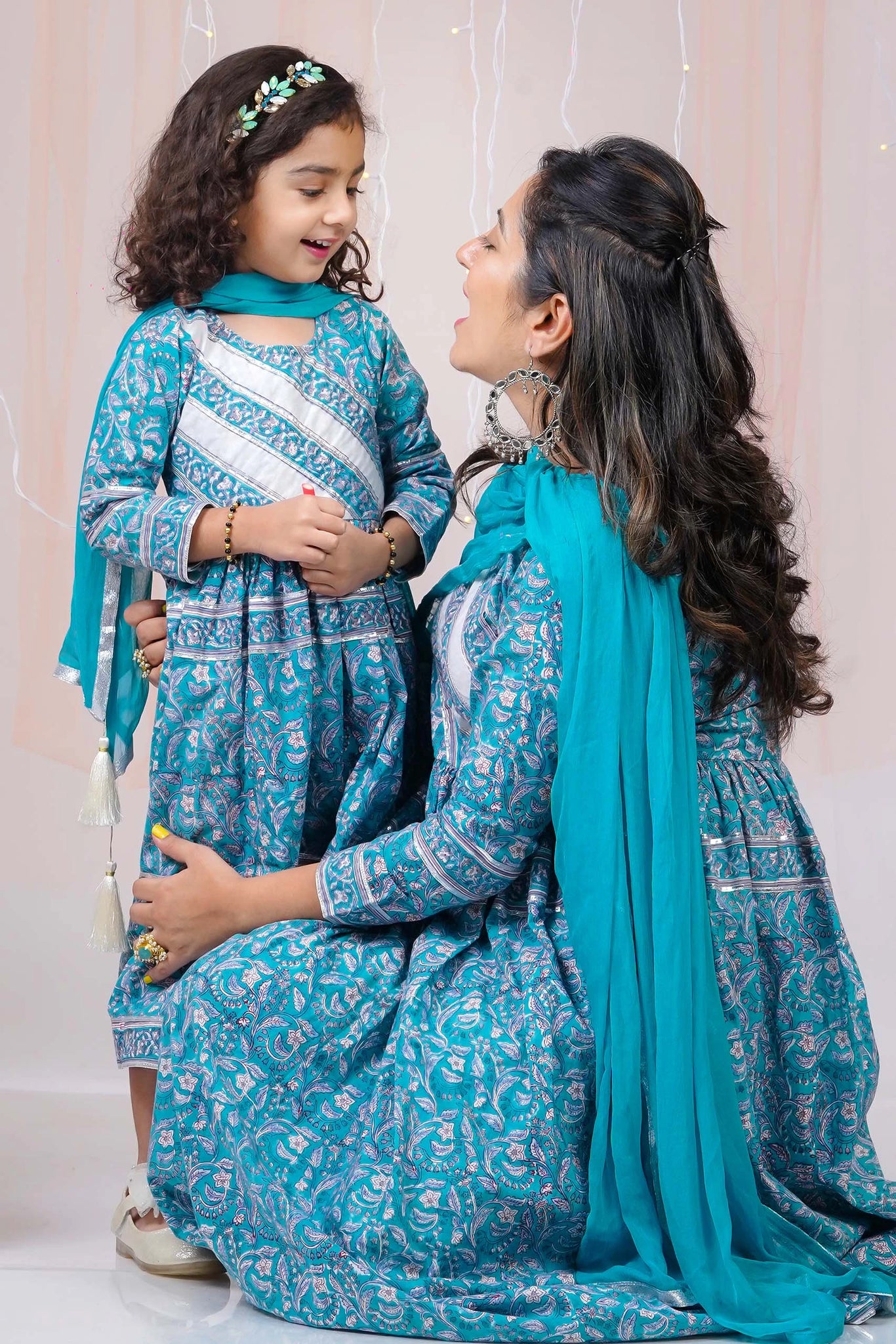 Teal Block Printed Matching Set for brother and sister